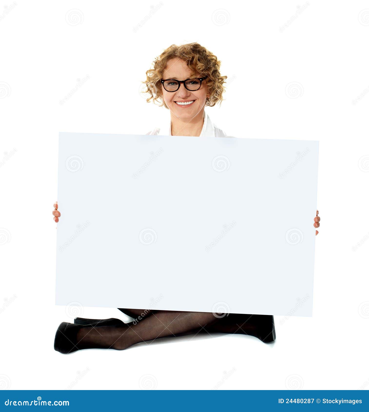 Female Employee Holding White Blank Banner Ad Stock Image - Image of ...