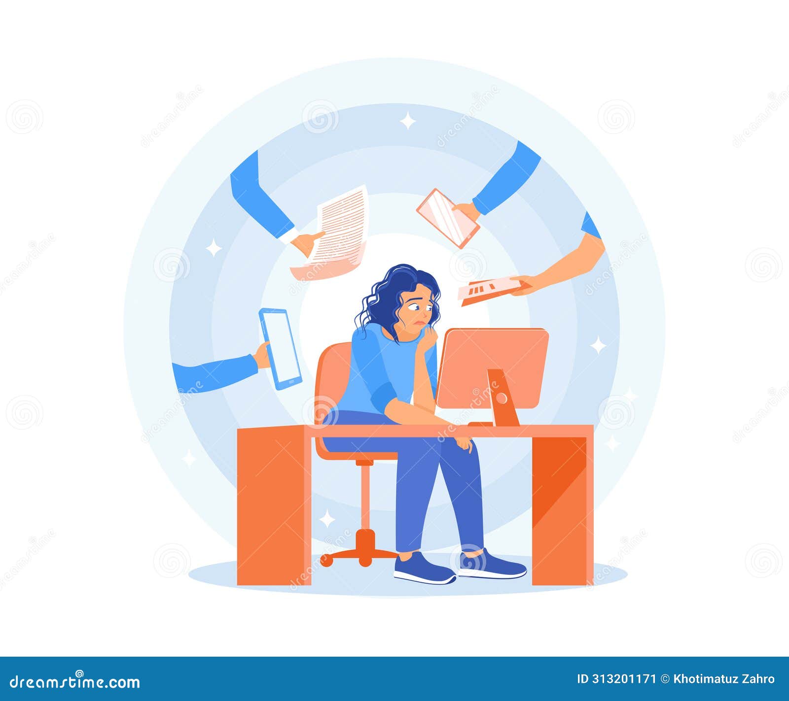 A Female Employee with a Sad Face is Working in Front of the Computer ...