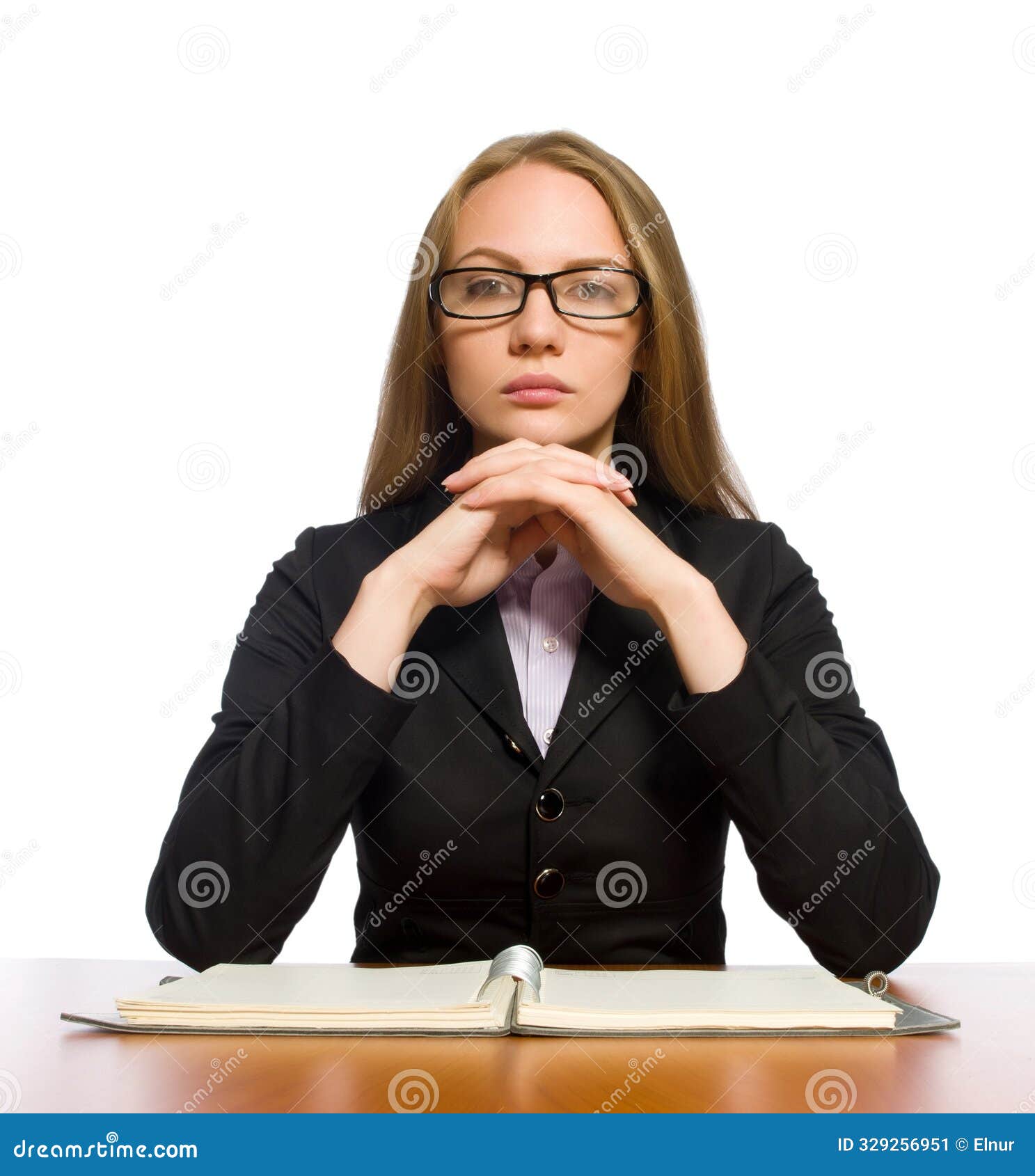 Female Employee Sitting at Long Table Isolated on White Stock Image ...