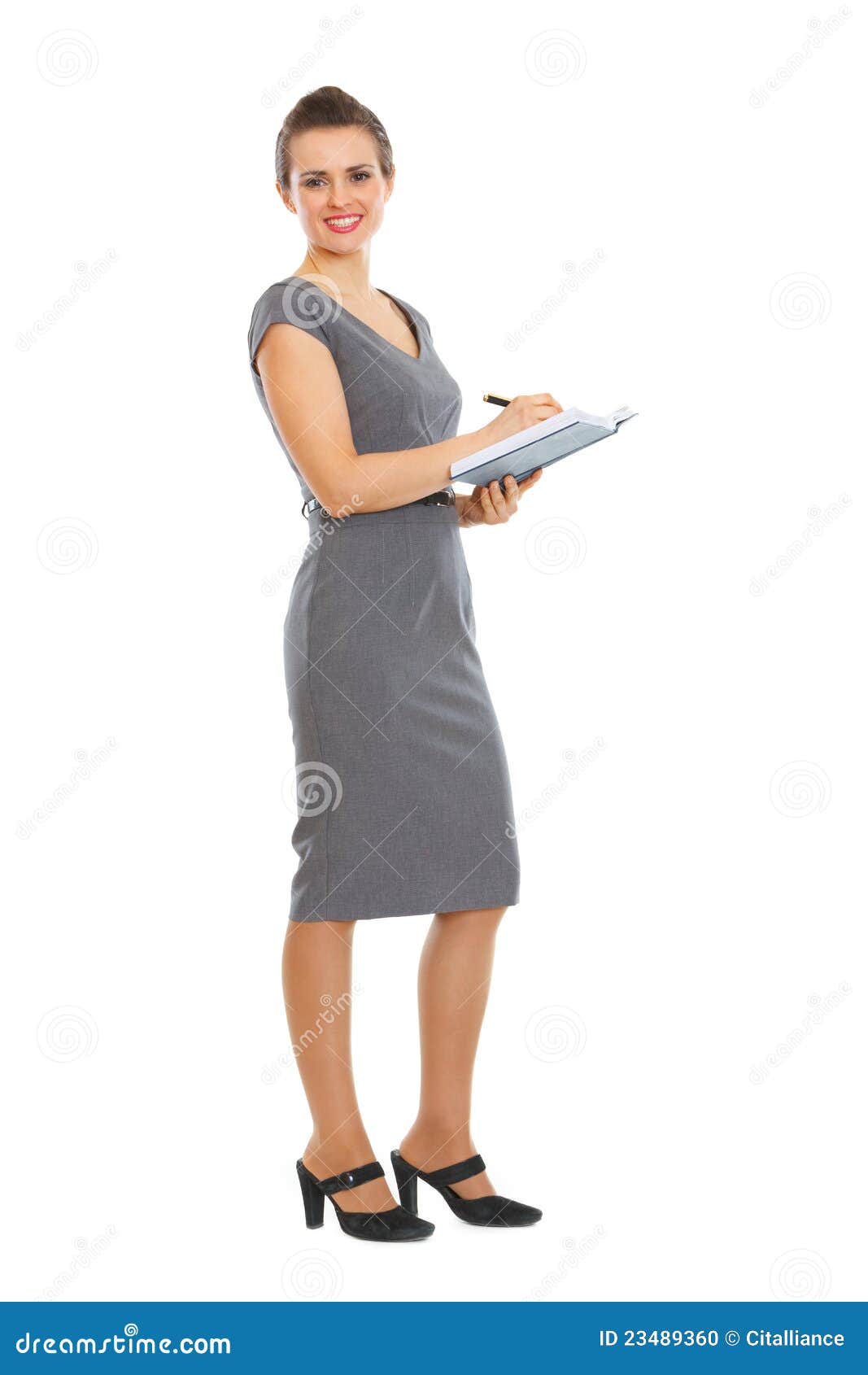 Female Employee Writing in Notebook Stock Photo - Image of woman, diary ...