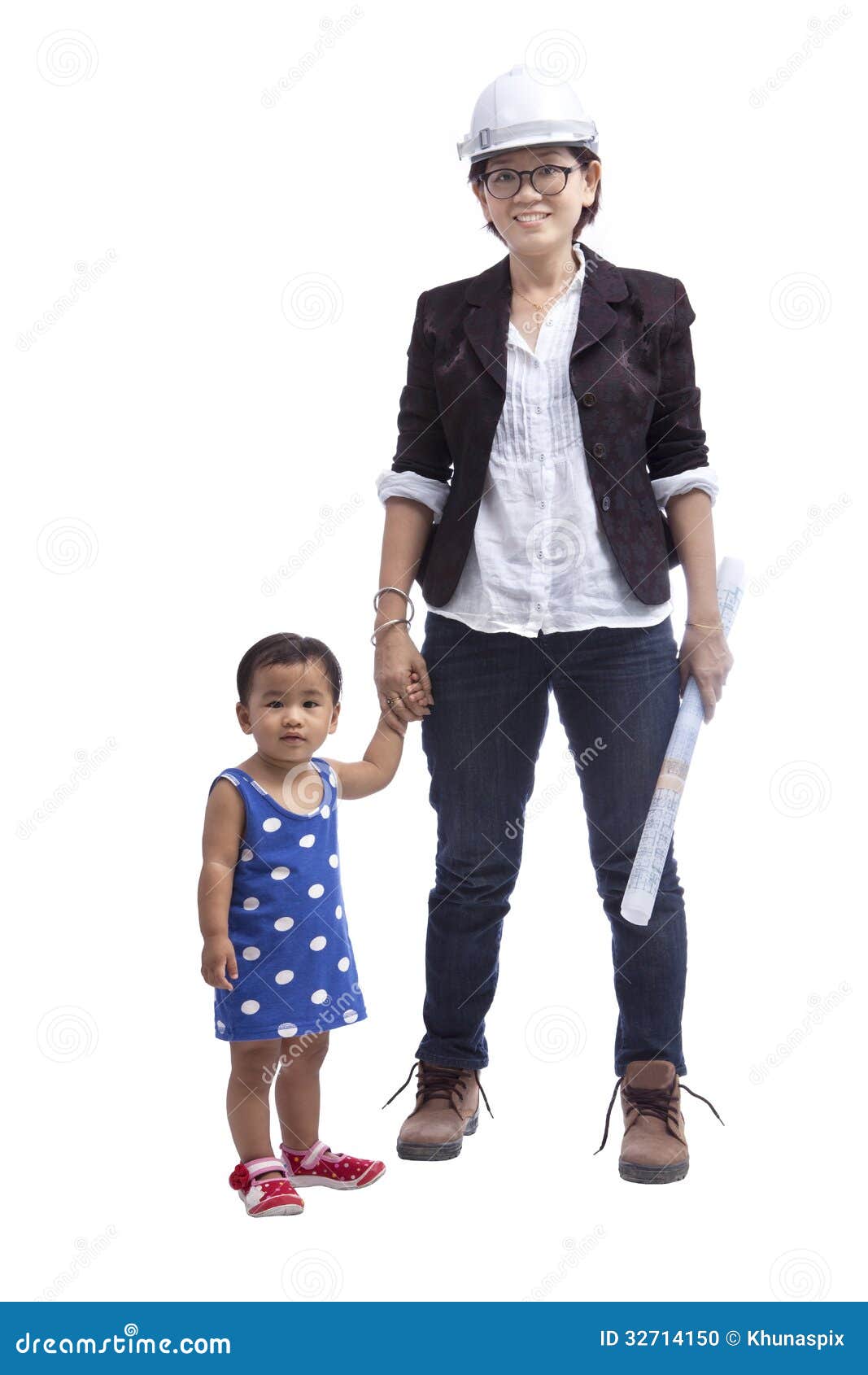 Female Engineer with Baby Standing beside Isolated on White Stock Photo ...
