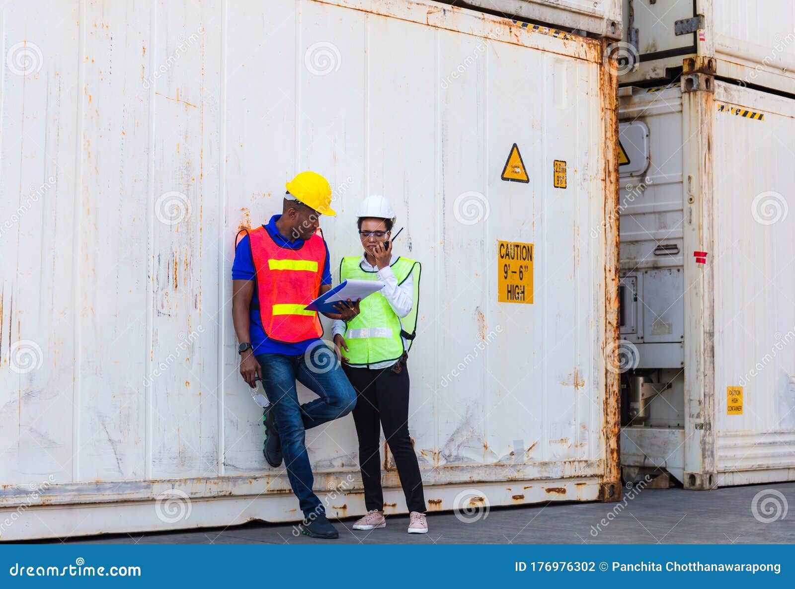 Female Engineer Checking Containers Box with Worker Man from Cargo ...