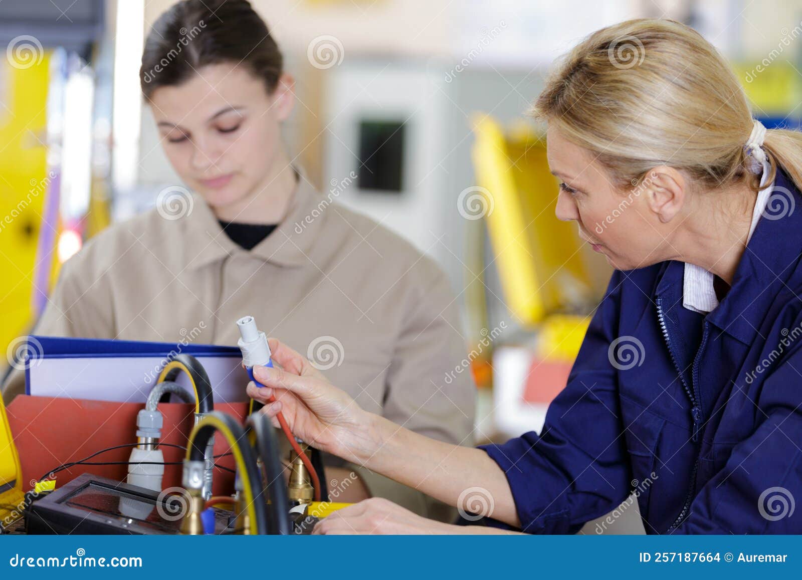 Female Engineer Connecting Hoses with Apprentice Stock Photo - Image of ...