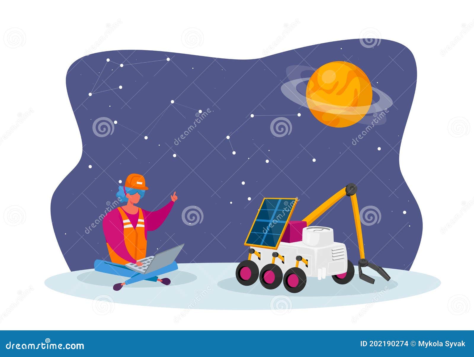 Female Engineer Control Rover Moving on Alien Planet Surface. Outer ...