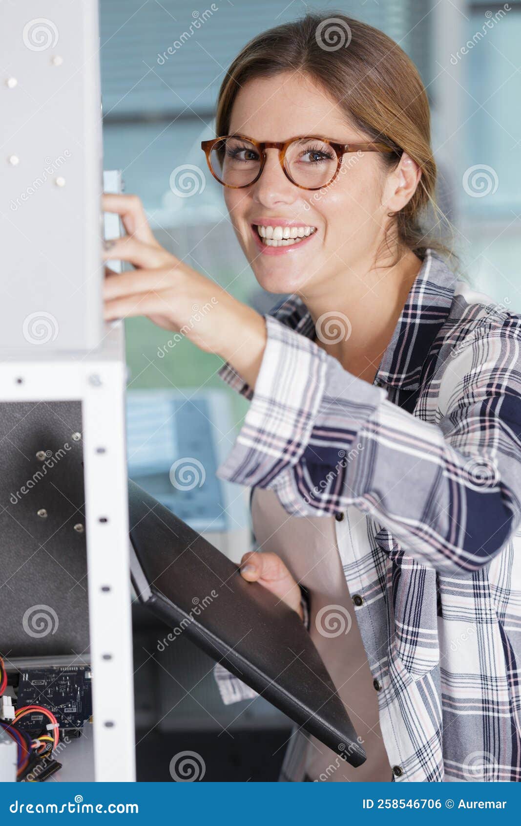 Female Engineer with Electric Device and Touchscreen Computer Stock ...