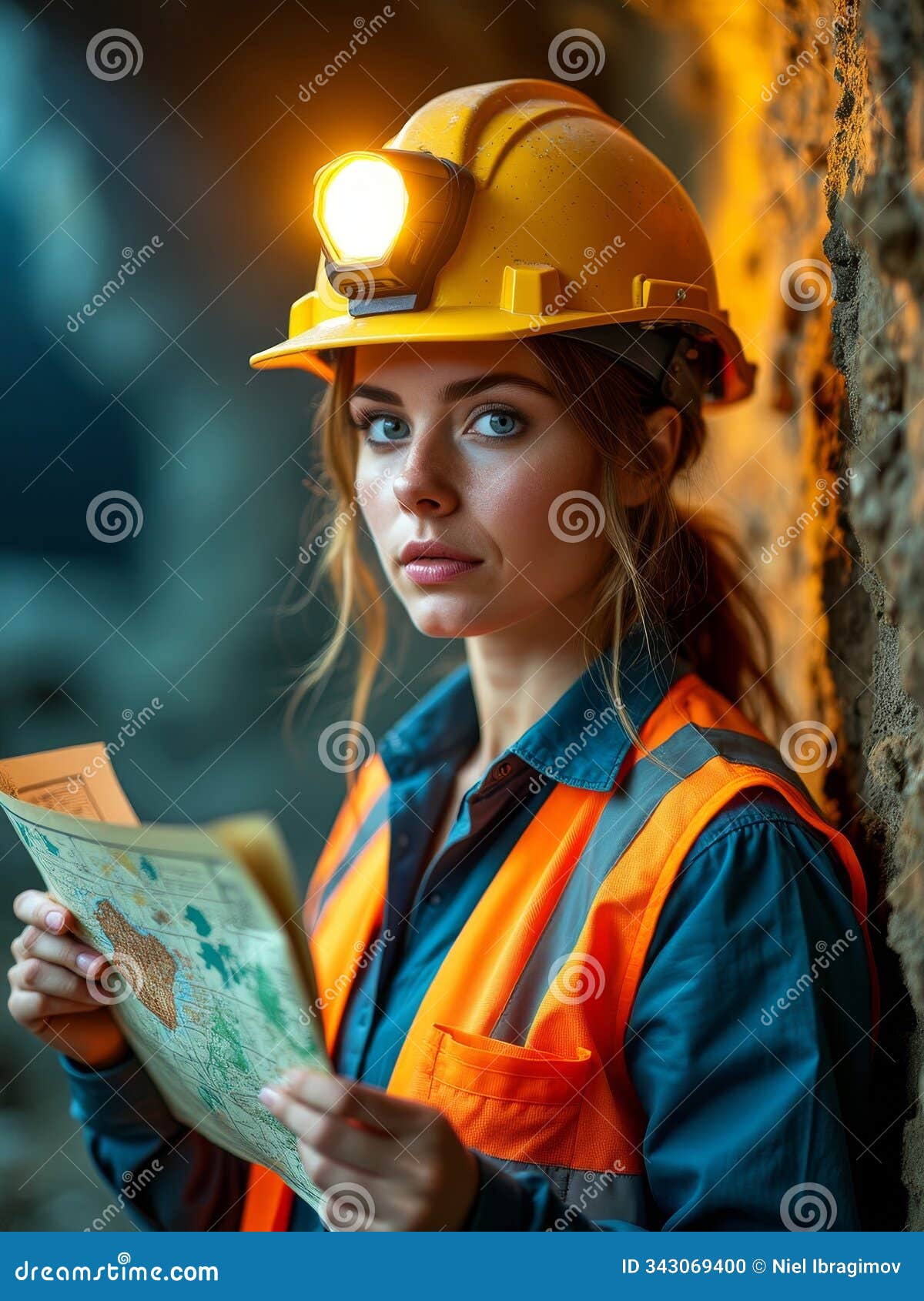 Female Engineer with Hard Hat and Map Exploring Underground ...