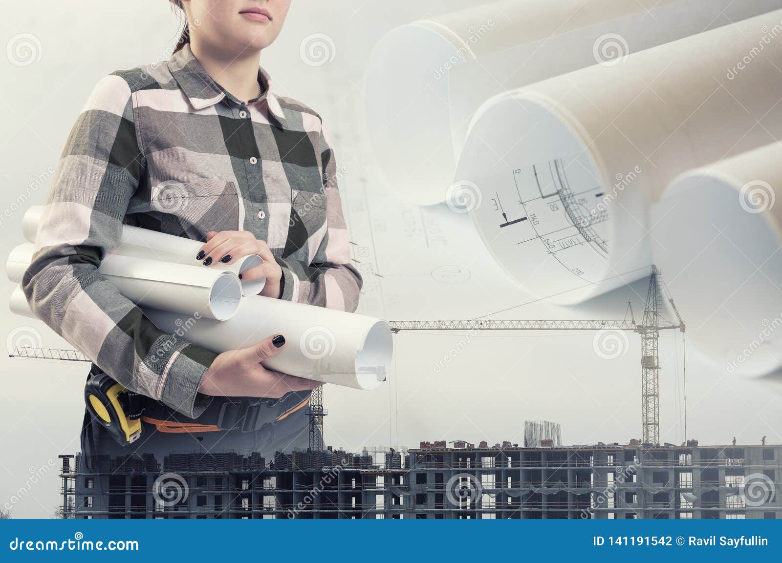 Female Engineer Holding Construction Plans. Development Collage Stock ...