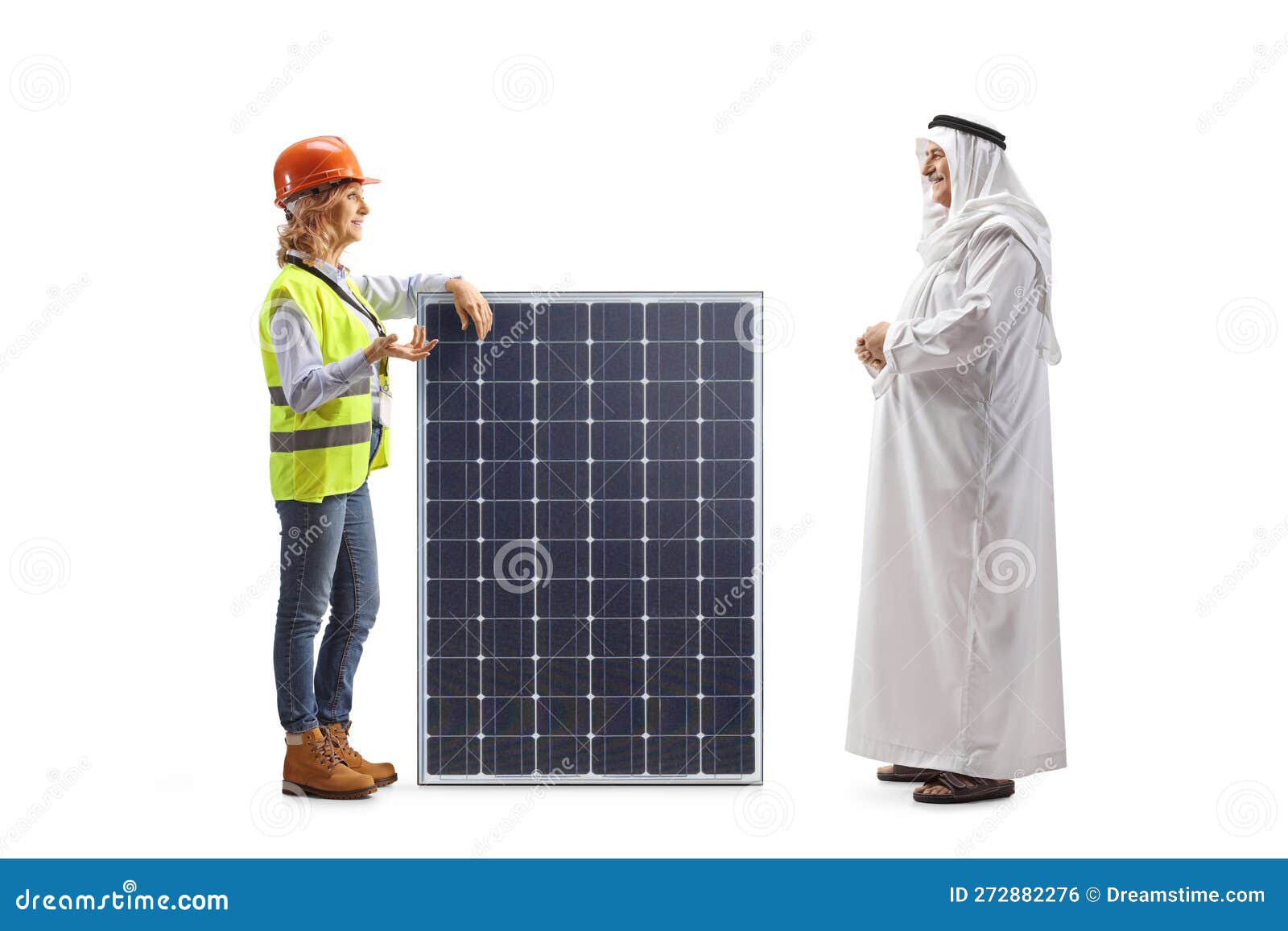 Female Engineer with a Solar Panel Talking To a Mature Arab Man Stock ...