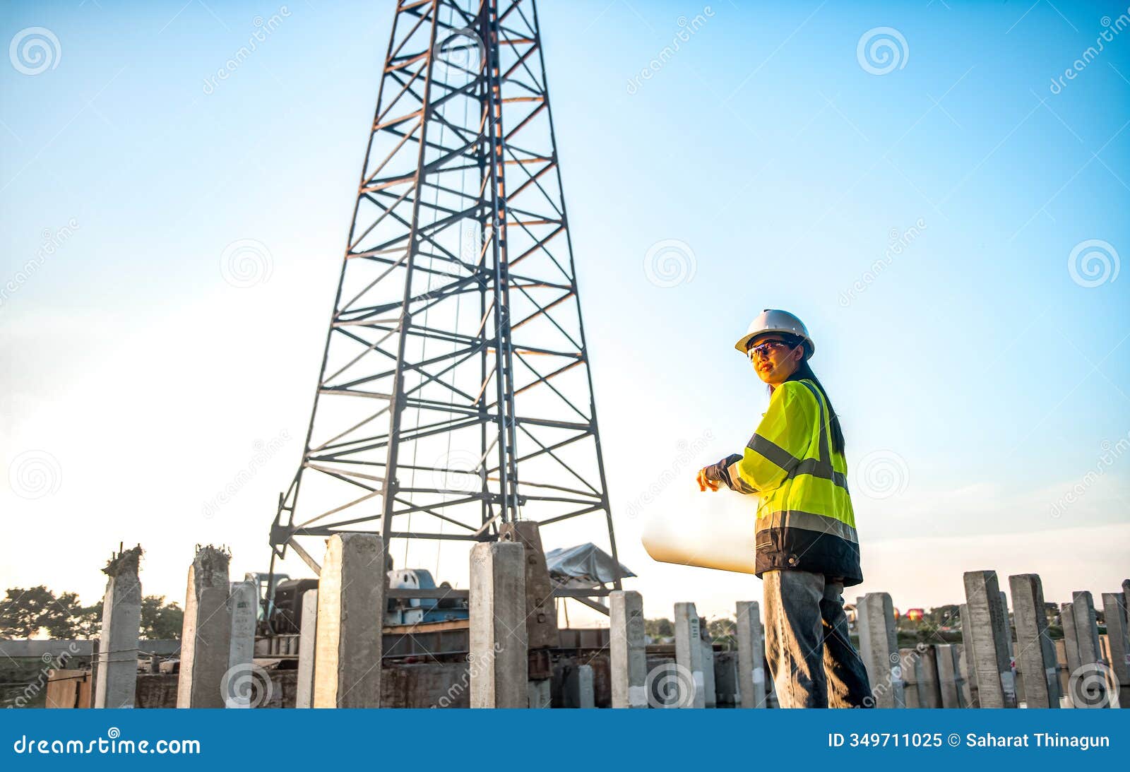 A Female Engineer is Standing and Inspecting the Progress of the Pillar ...