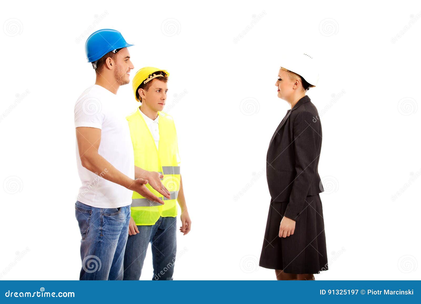 Female Engineer Talking with Two Builders Stock Image - Image of ... Female Engineer Talking with Two Builders Stock Image - Image of ...