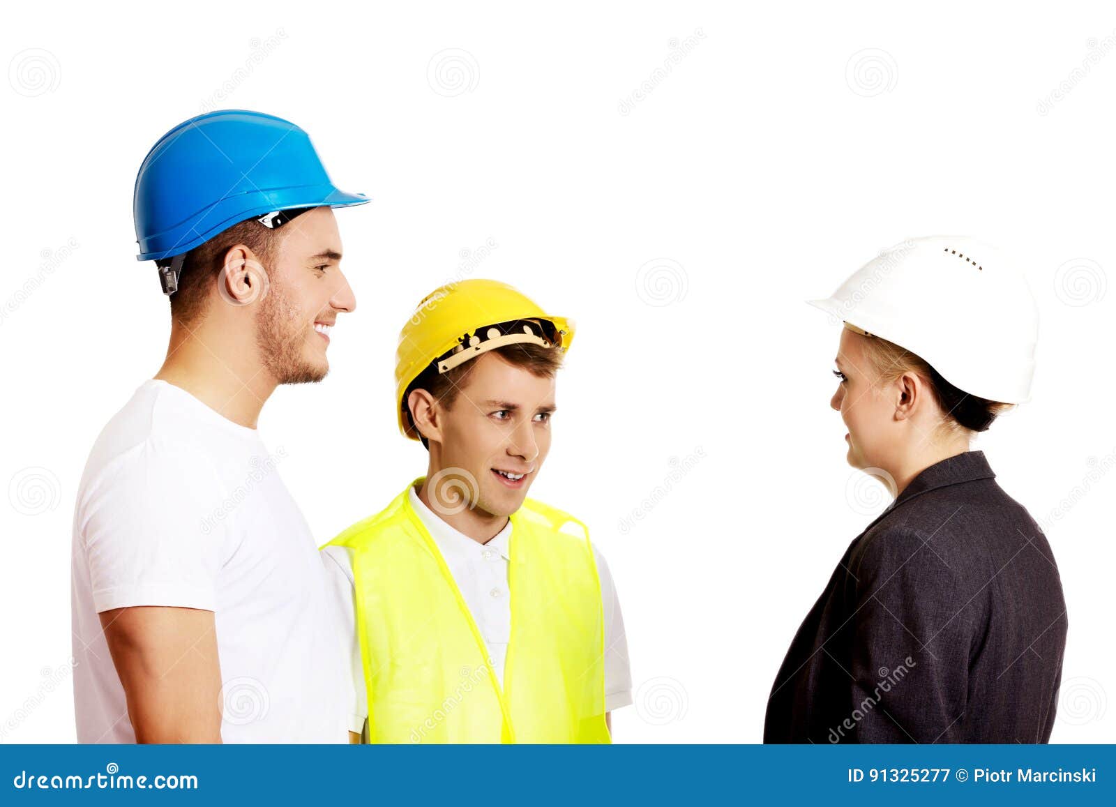 Female Engineer Talking with Two Builders Stock Image - Image of boss ... Female Engineer Talking with Two Builders Stock Image - Image of boss ...