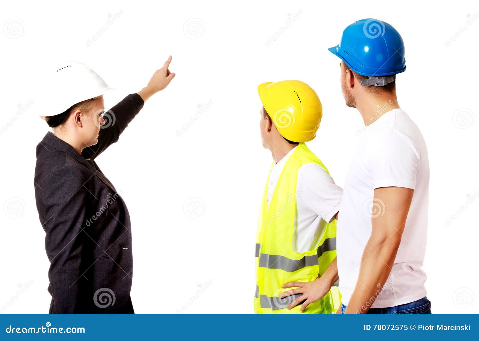 Female Engineer Talking with Two Builders Stock Image - Image of ...