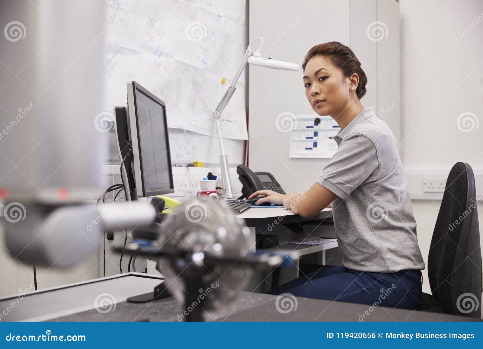 Female Engineer Uses CMM Coordinate Measuring Machine in Factory Stock ...