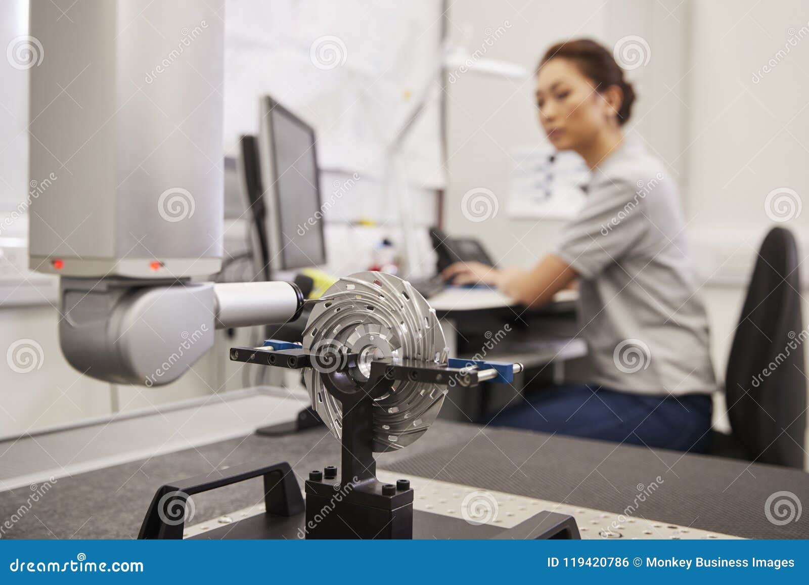 Female Engineer Uses CMM Coordinate Measuring Machine in Factory Stock ...