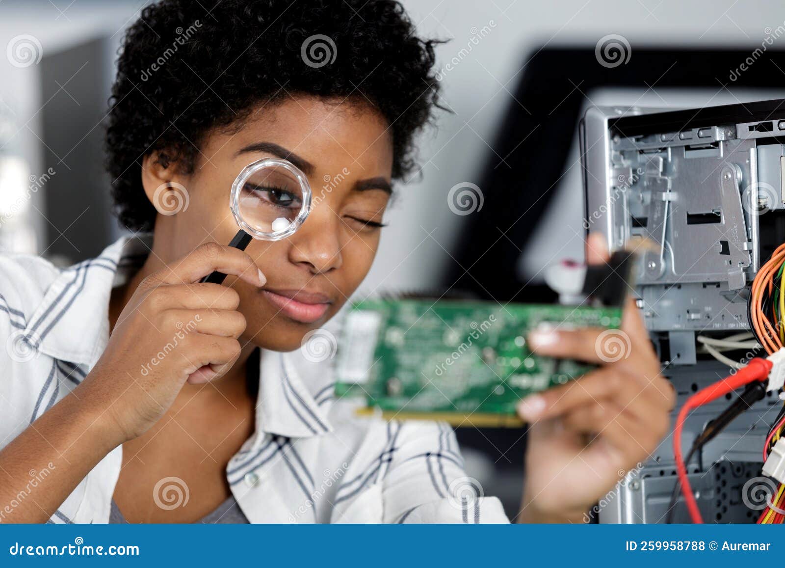 Female Engineer Uses Magnifying Glass Stock Photo - Image of chip ...