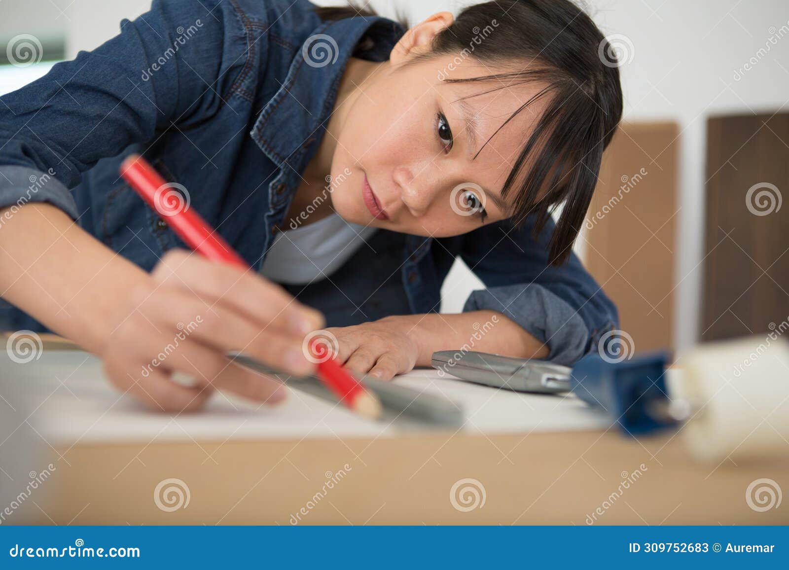 Female Engineer Using Pencil Drawing Stock Image - Image of blueprint ...