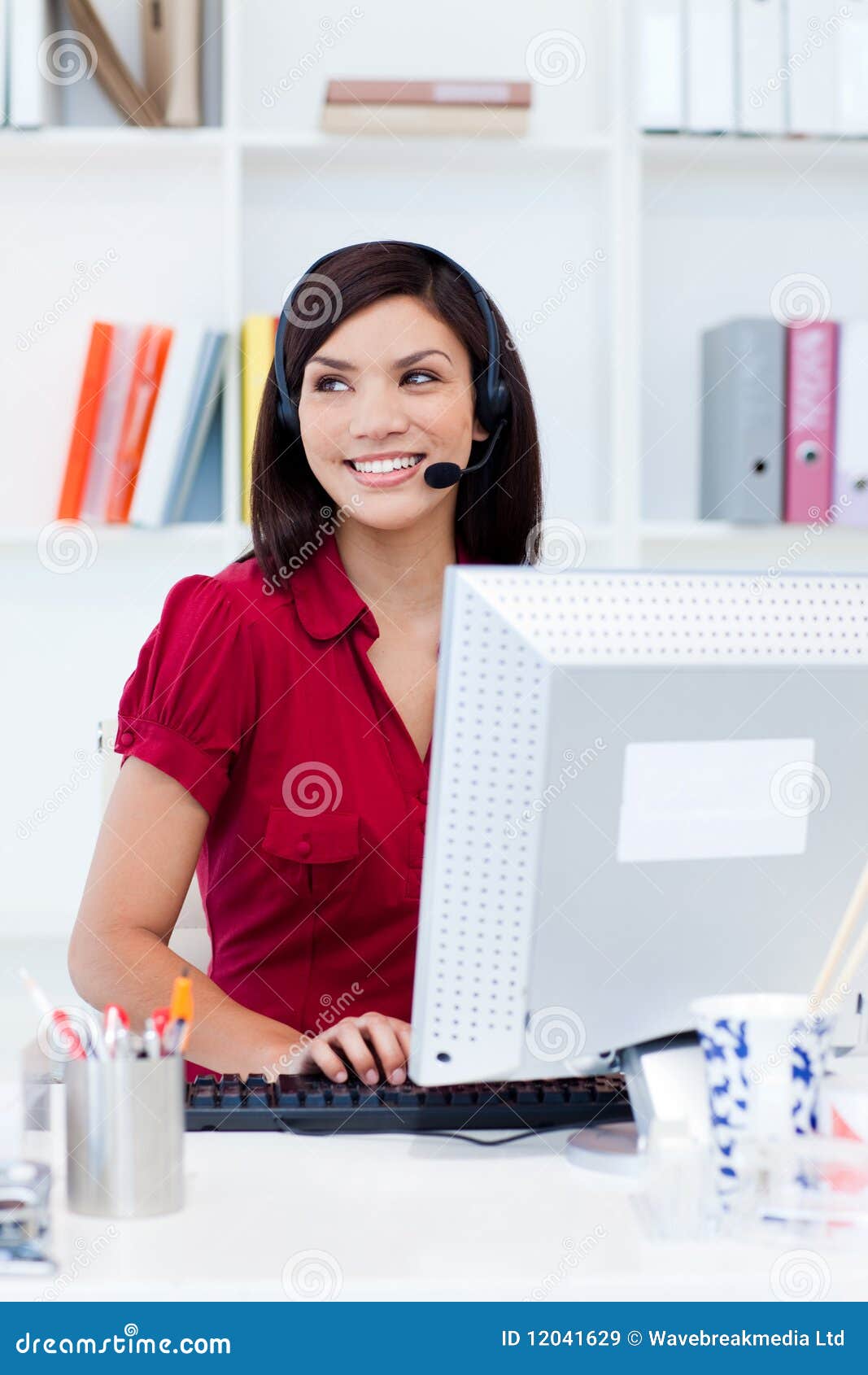 Female Executive with Headset on at Her Desk Stock Image - Image of ...