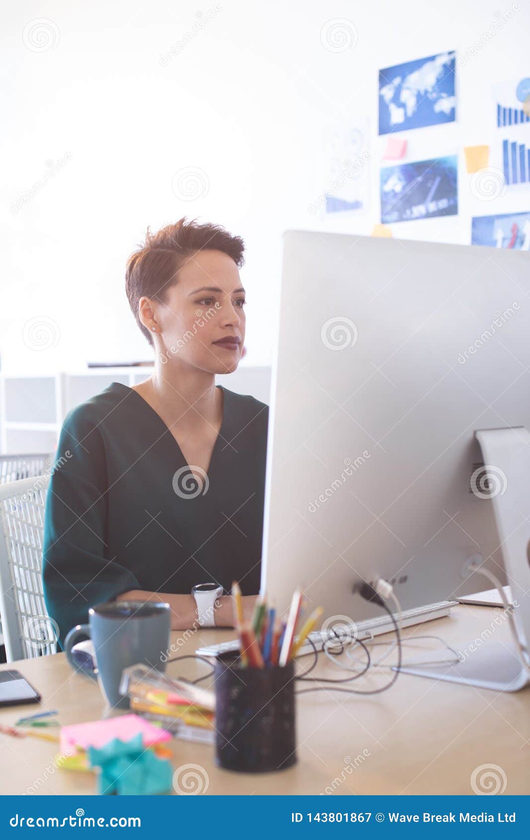Female Executive Working on Computer at Desk Stock Image - Image of ...