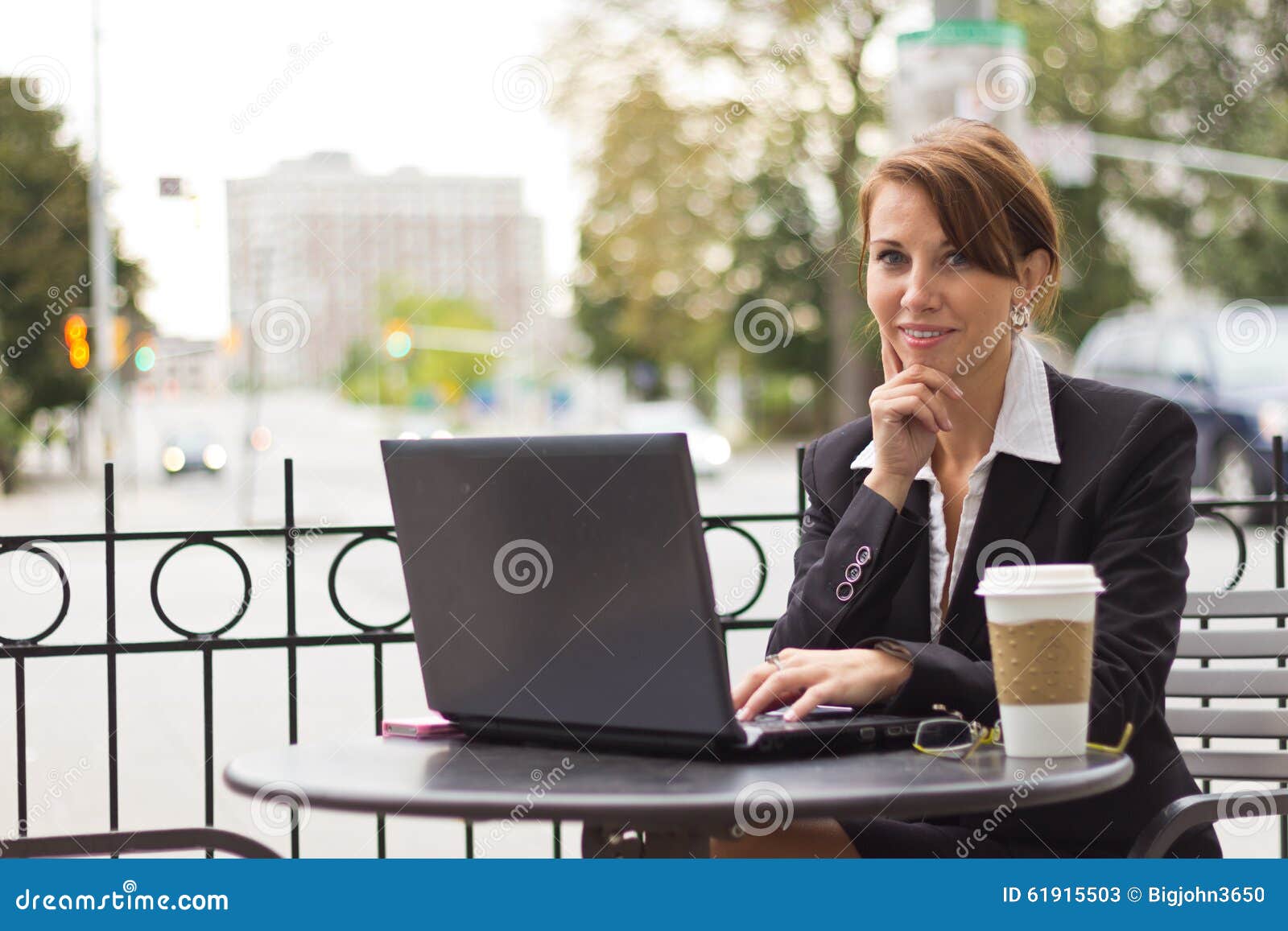 Female Executive Working Outdoors at Cafe Stock Image - Image of happy ...