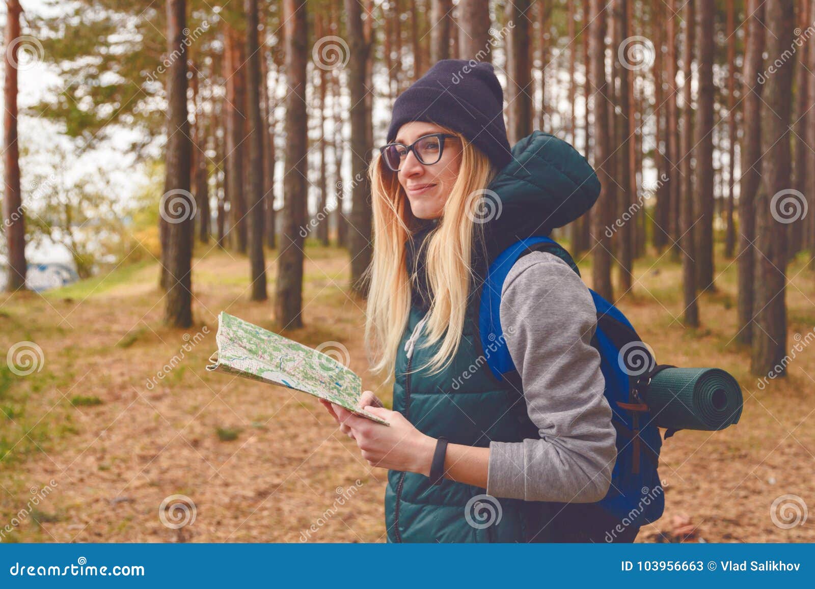 Female Explorer with Map Outdoor in the Forest in Autumn Stock Image ...