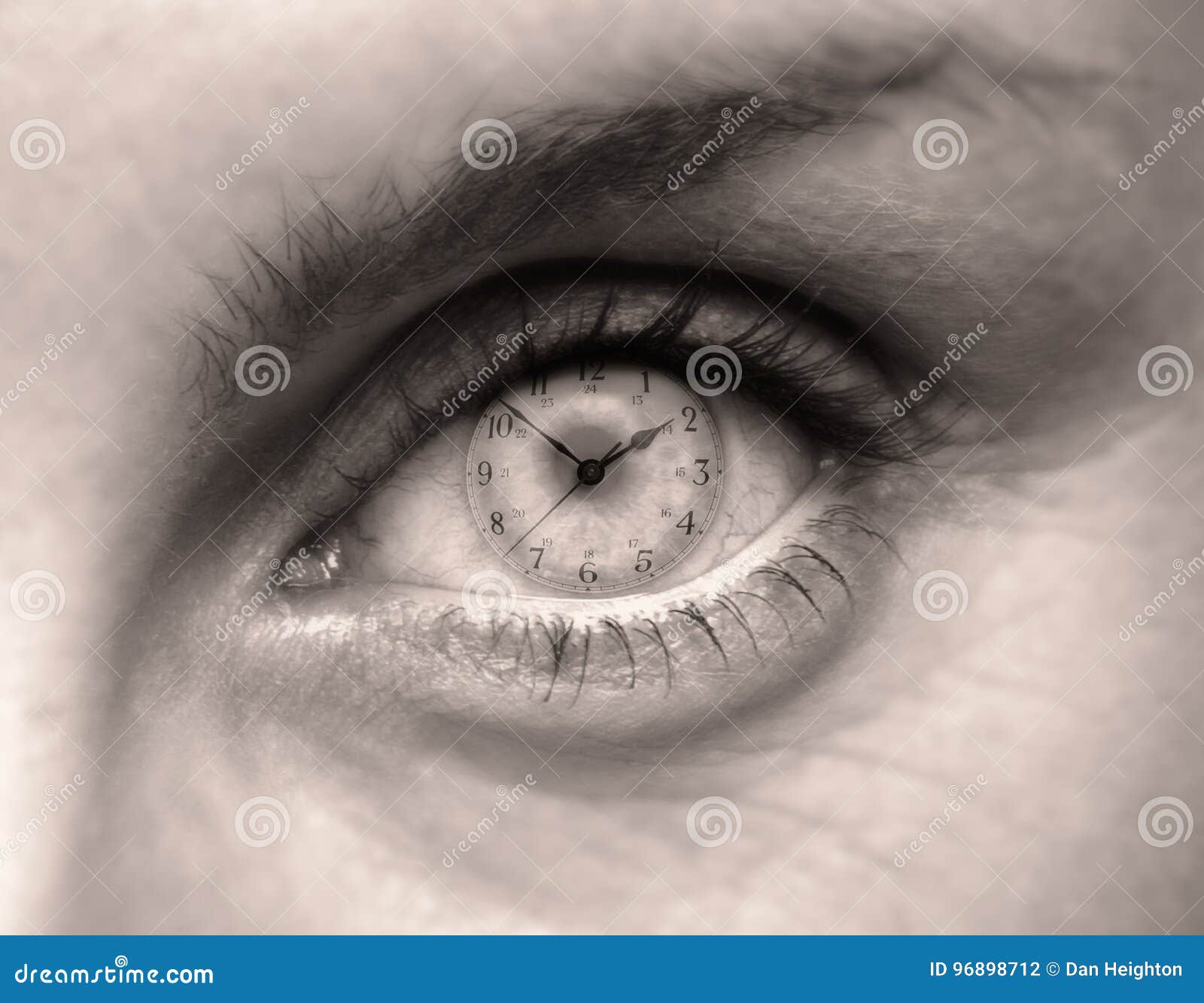 Female eye with clock face stock photo. Image of monochrome - 96898712