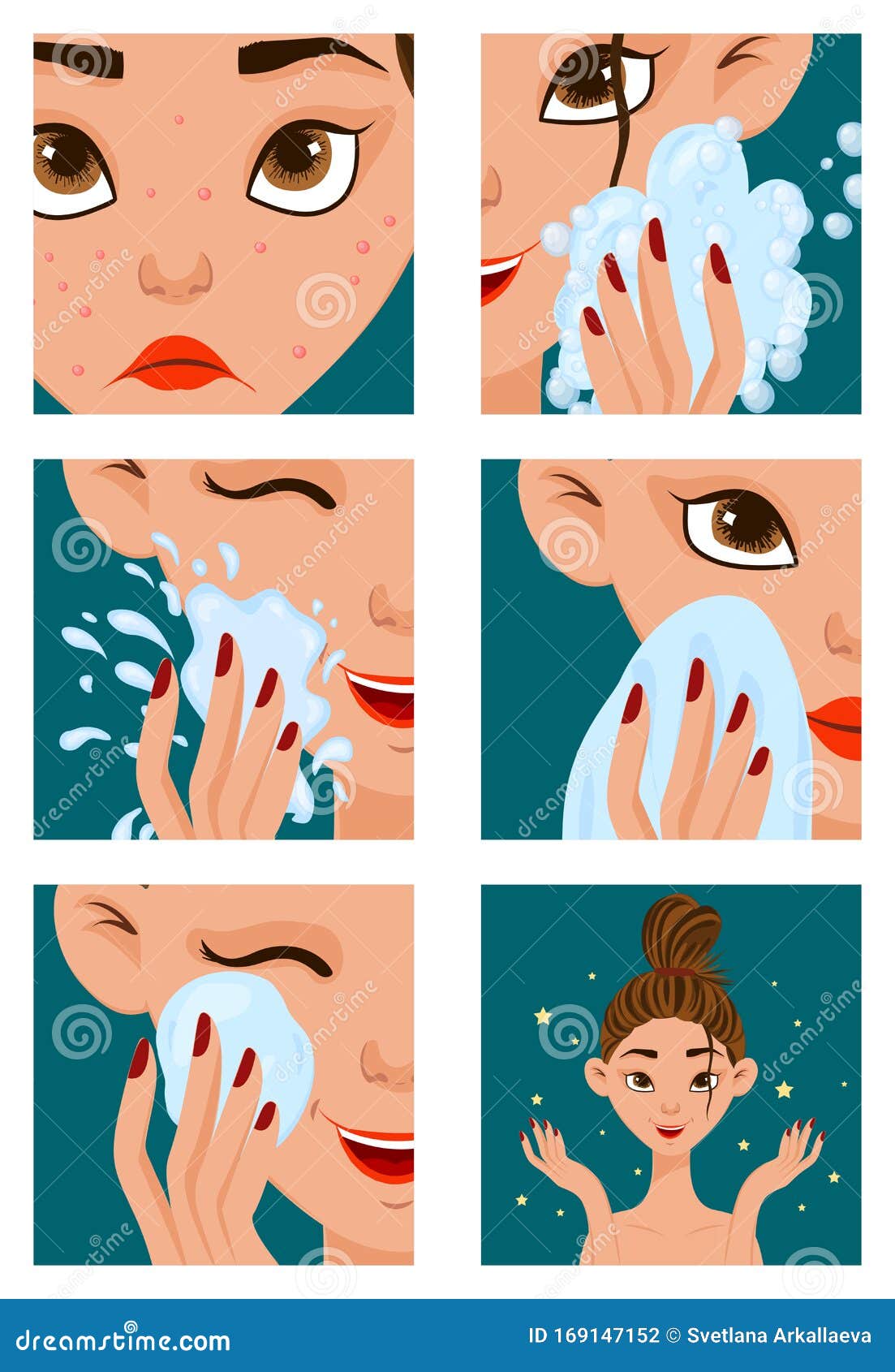 Female Face with Acne Cure Steps. Cartoon Style Stock Illustration ...