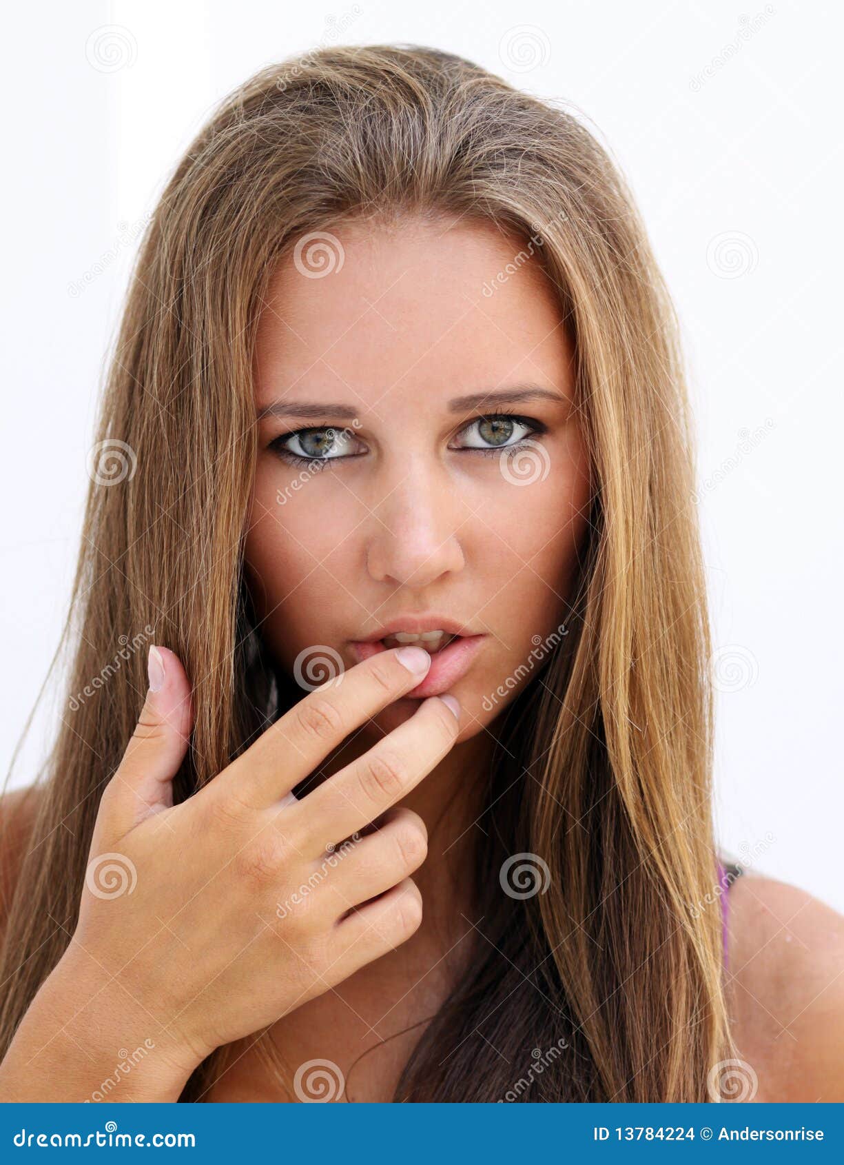 Female Face with Finger in Mouth Stock Photo - Image of fingers, clear ...