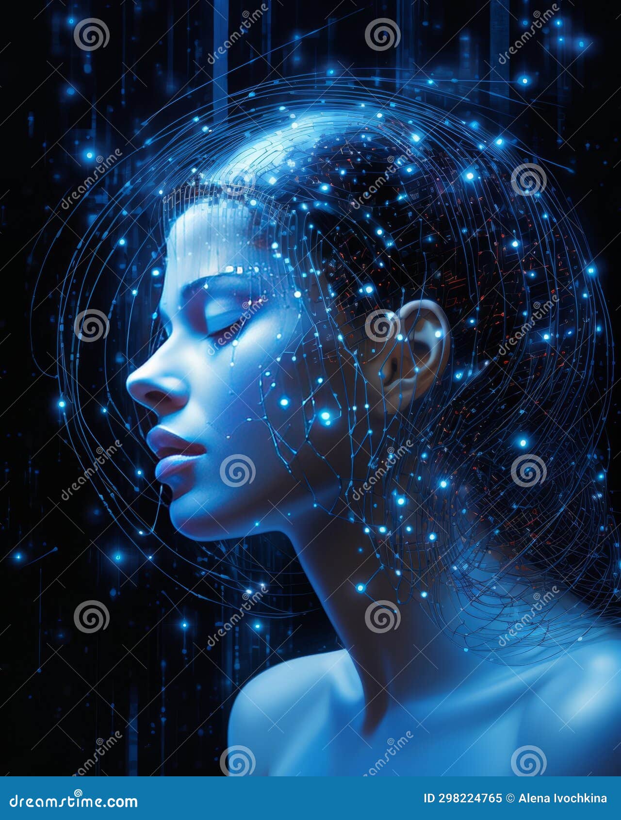 A Female Face with Matrix Digital Numbers, Dots, Links. Digital Screen ...