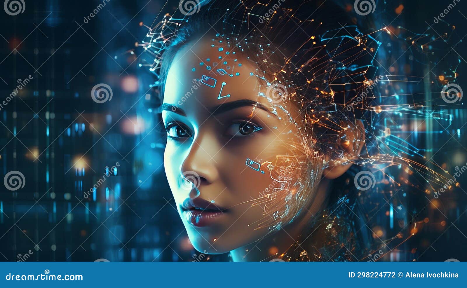 A Female Face with Matrix Digital Numbers, Dots, Links. Digital Screen ...