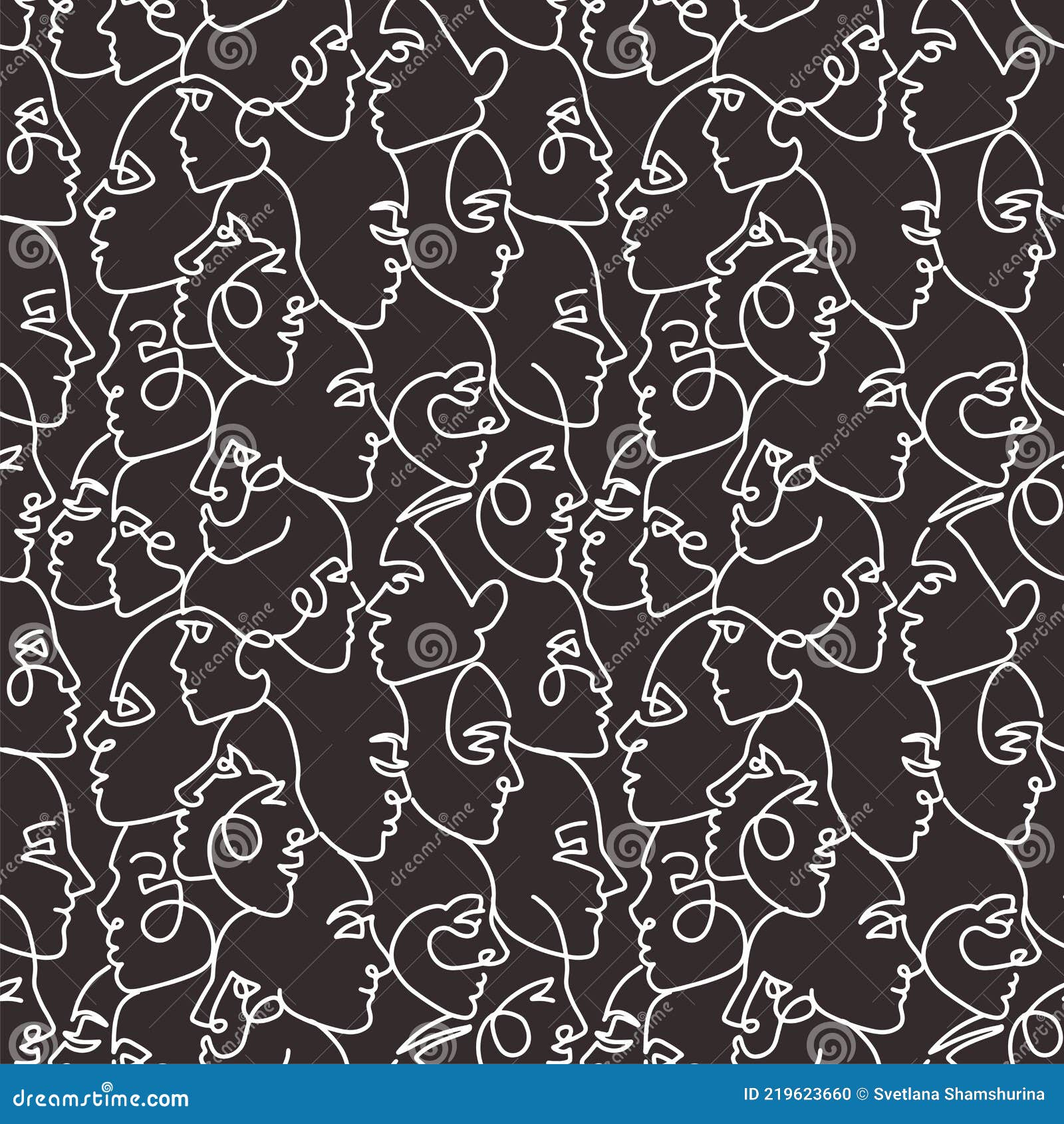 Female Faces Seamless Pattern. One Line Art Expressive Print with Human ...