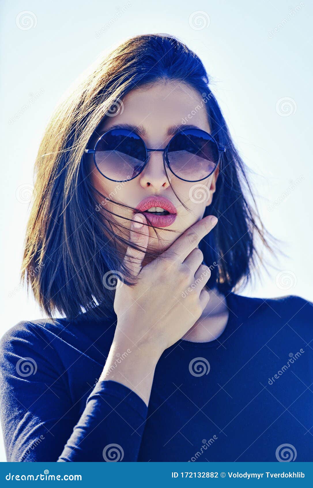 Female Fashion Model Posing With Sunglasses Close Up Portrait Of A