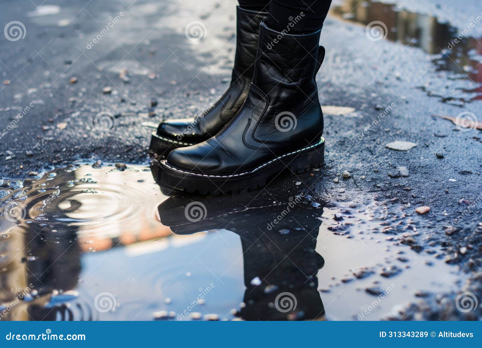 Female Feet in Black Leather Boots Stepping on a Puddle Reflection ...