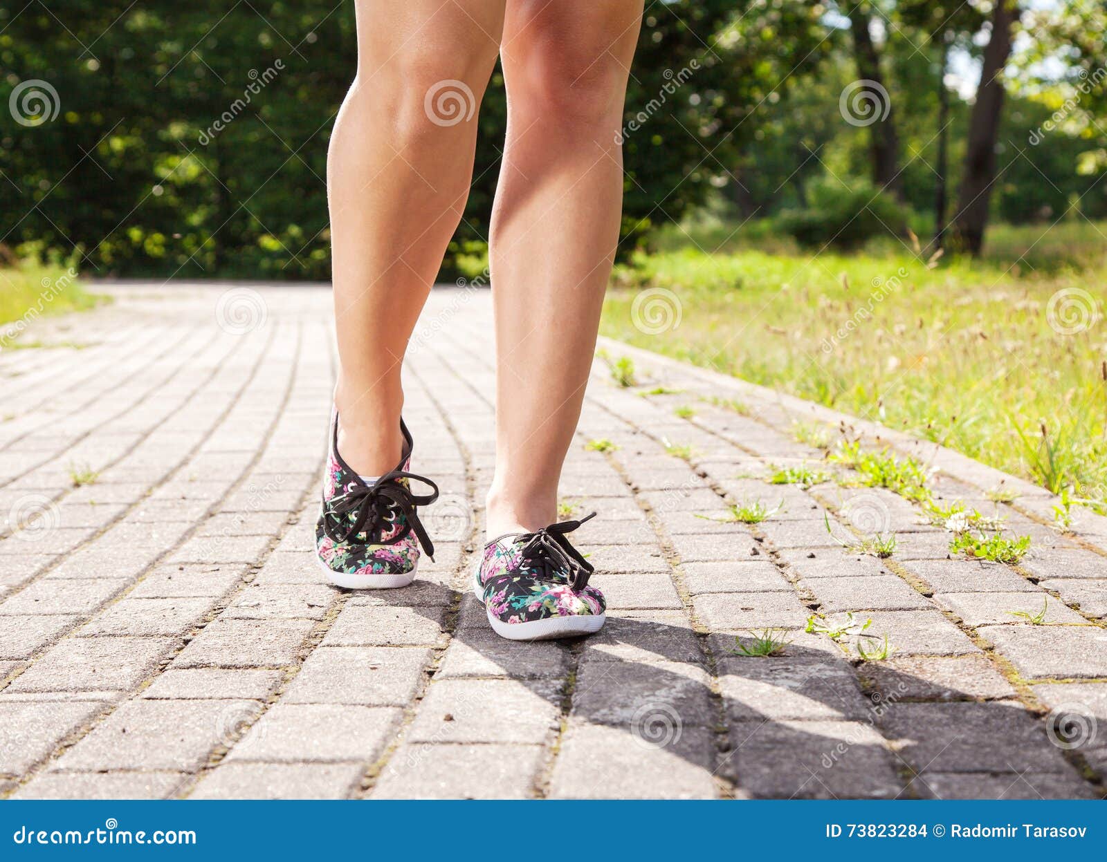 Female Feet on the Pavement Front View Stock Photo - Image of walking ...