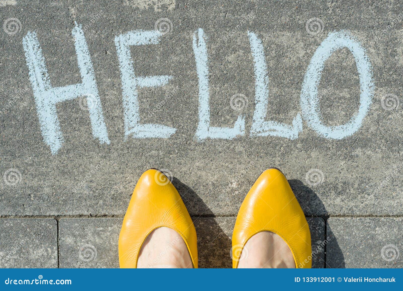 Female Feet with Text Hello Written on Asphalt Stock Image - Image of ...