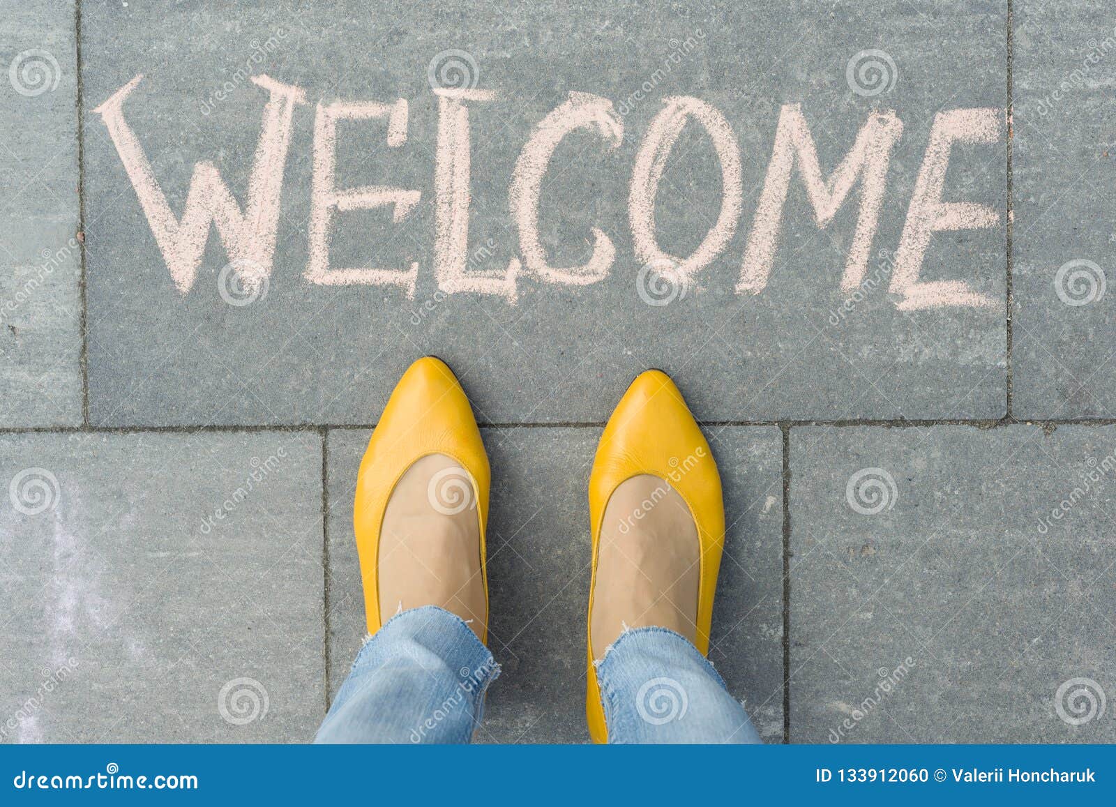 Female Feet with Text Welcome Written on Grey Sidewalk Stock Photo ...