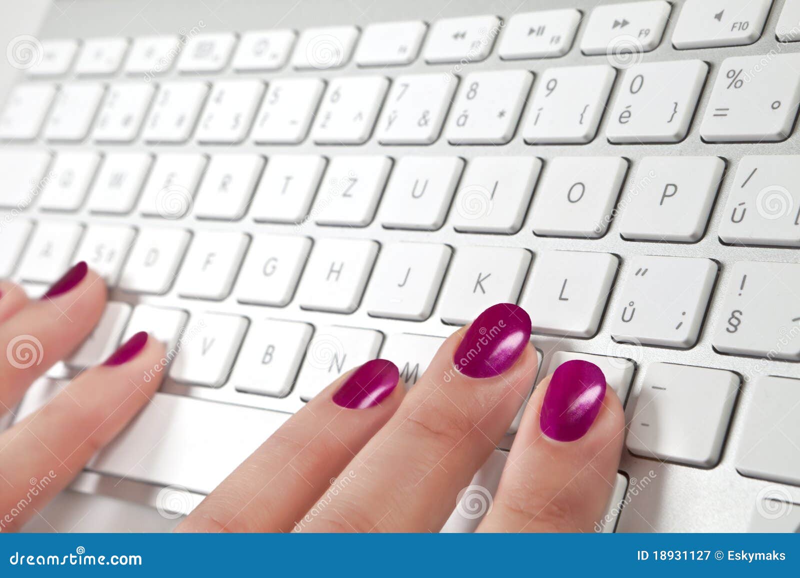 Female Fingers Touching a White Metal Keyboard. Stock Image - Image of ...