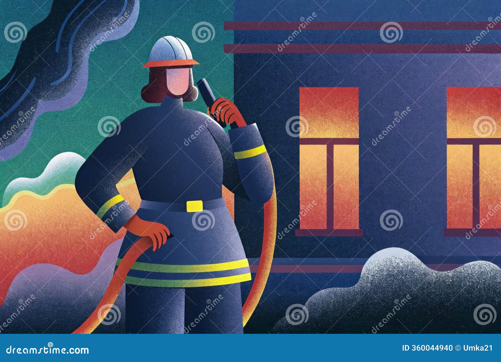 Female Firefighter in Action: Night Scene with Fire Hose and Building ...