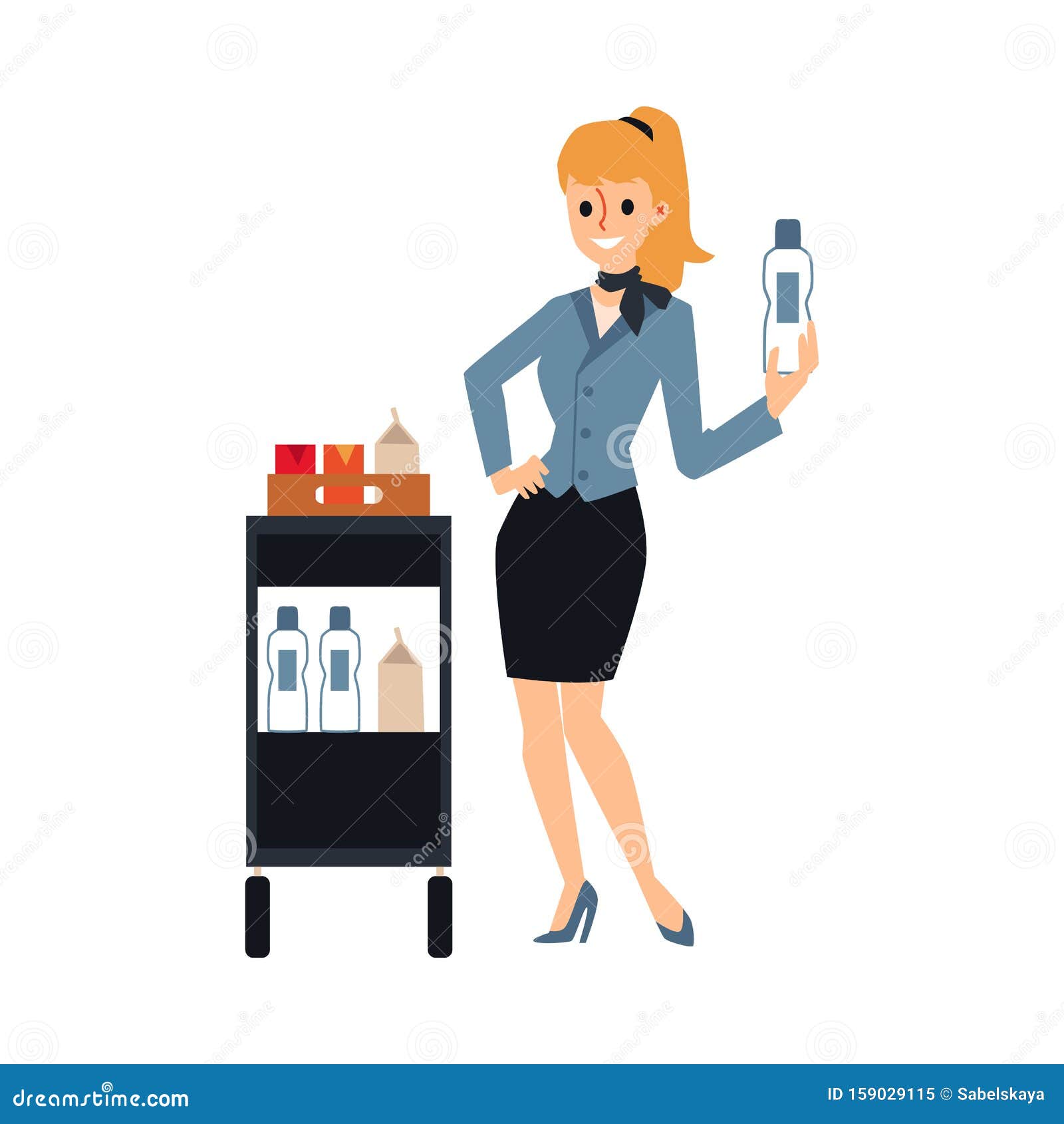 Female Flight Attendant Serving Drinks from Food Trolley - Cartoon ... Female Flight Attendant Serving Drinks from Food Trolley - Cartoon ...