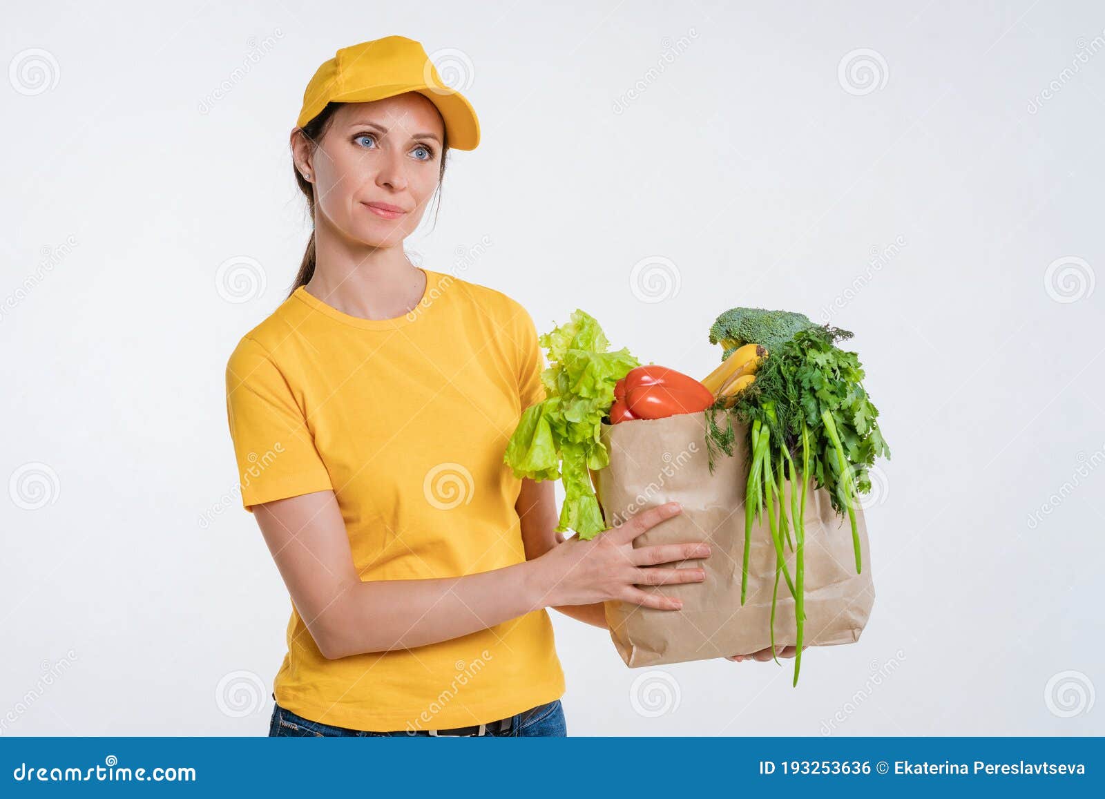 Female Food Delivery Worker with Food Package Stock Photo - Image of ...