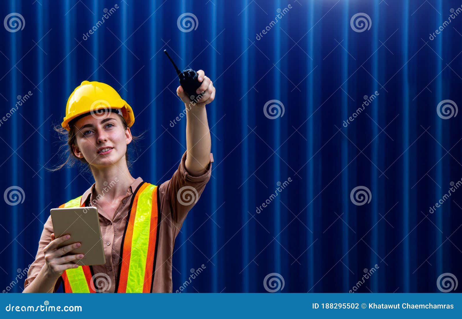 Female Foreman is Using Walkie Talkie Stock Photo - Image of helmet ...