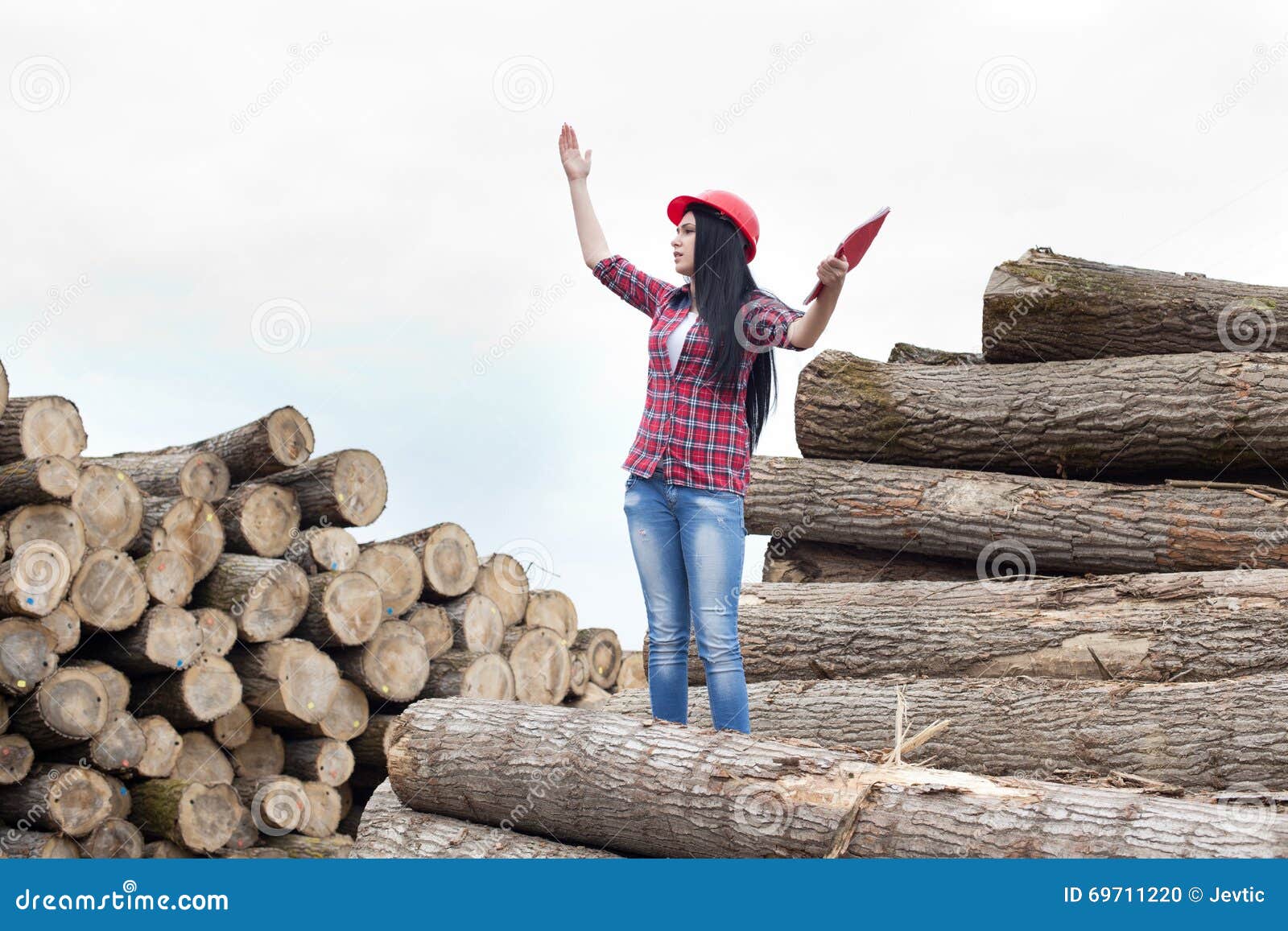 Female Forestry Engineer beside Logs Stock Photo - Image of arms ...