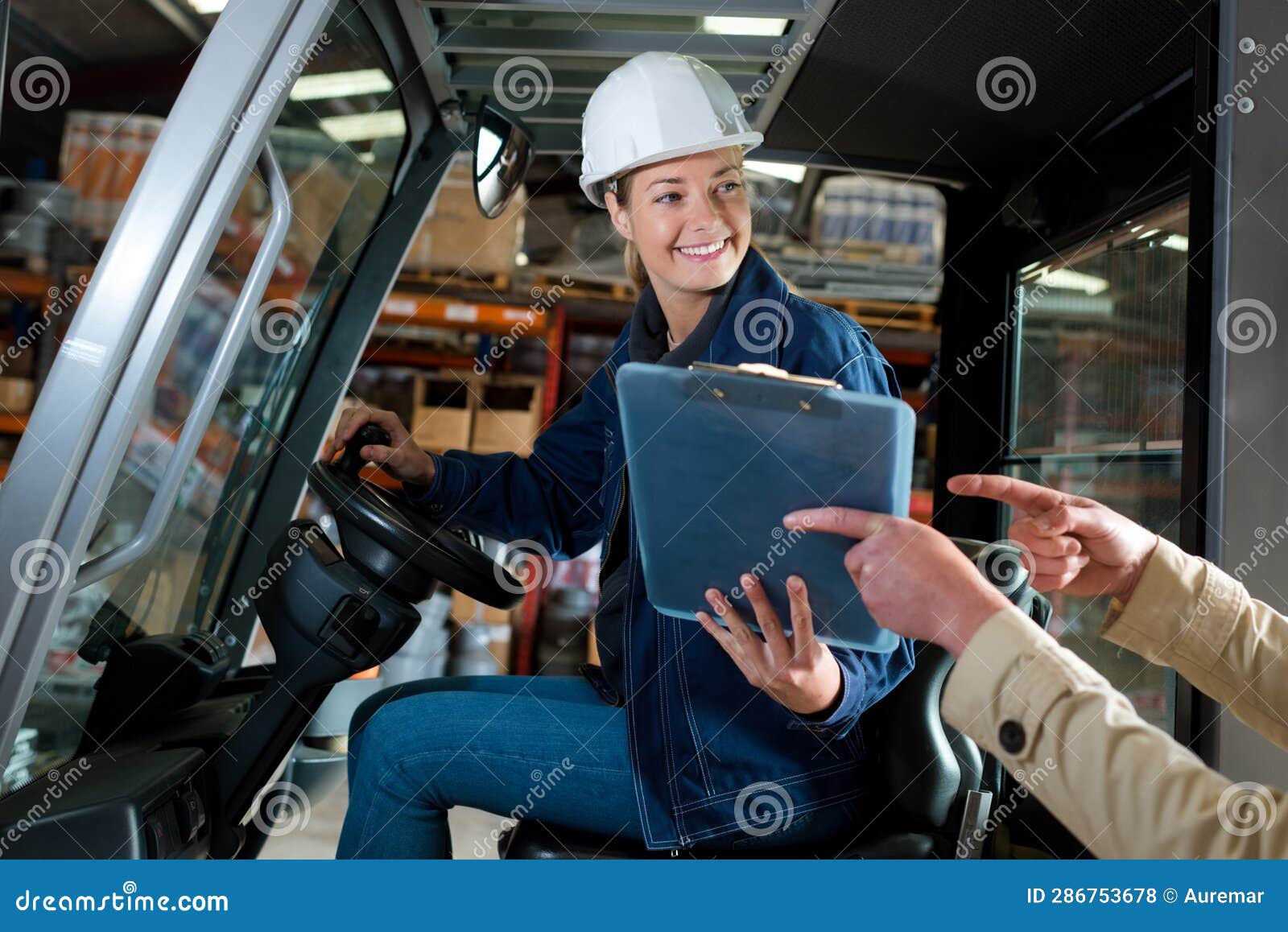 Female Forklift Operator Receiving Oders Stock Photo - Image of adult ...