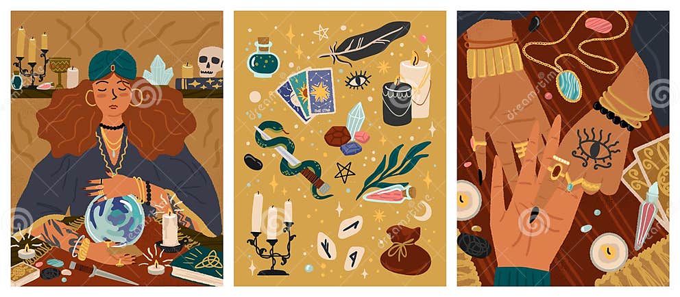 Female Fortune Teller Using Crystal Ball To Predict Future. Divination ...