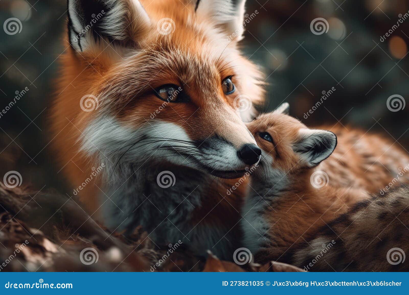 Female Fox with a Fox Cub Portrait in a Forest Stock Illustration ...