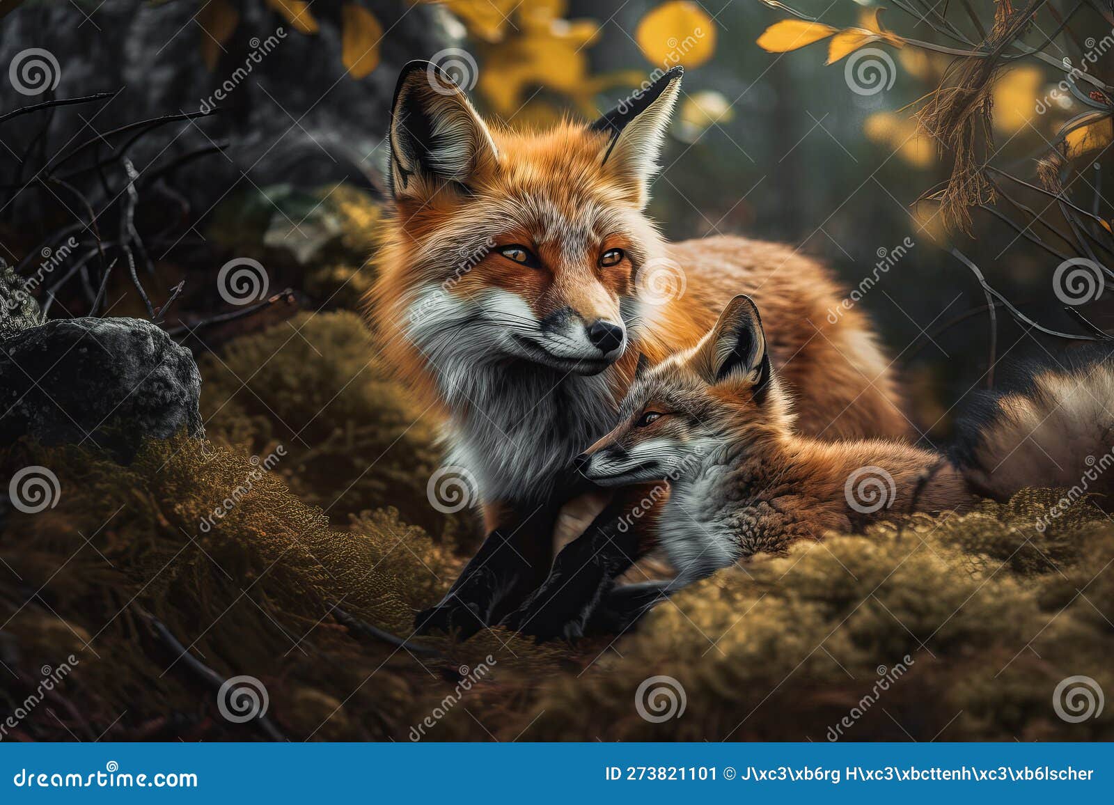 Female Fox with a Fox Cub Portrait in a Forest Stock Illustration ...