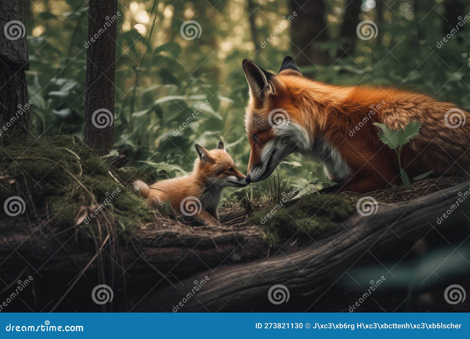 Female Fox with a Fox Cub Portrait in a Forest Stock Illustration ...