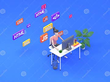 Female Frontend Developer Sitting at a Table in the Modern Office ...