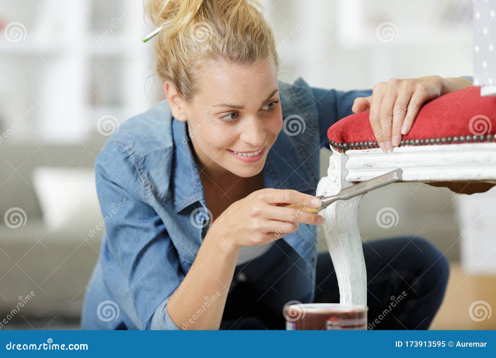 Female Furniture Designer Using Chisel on Chair Frame Stock Image ...