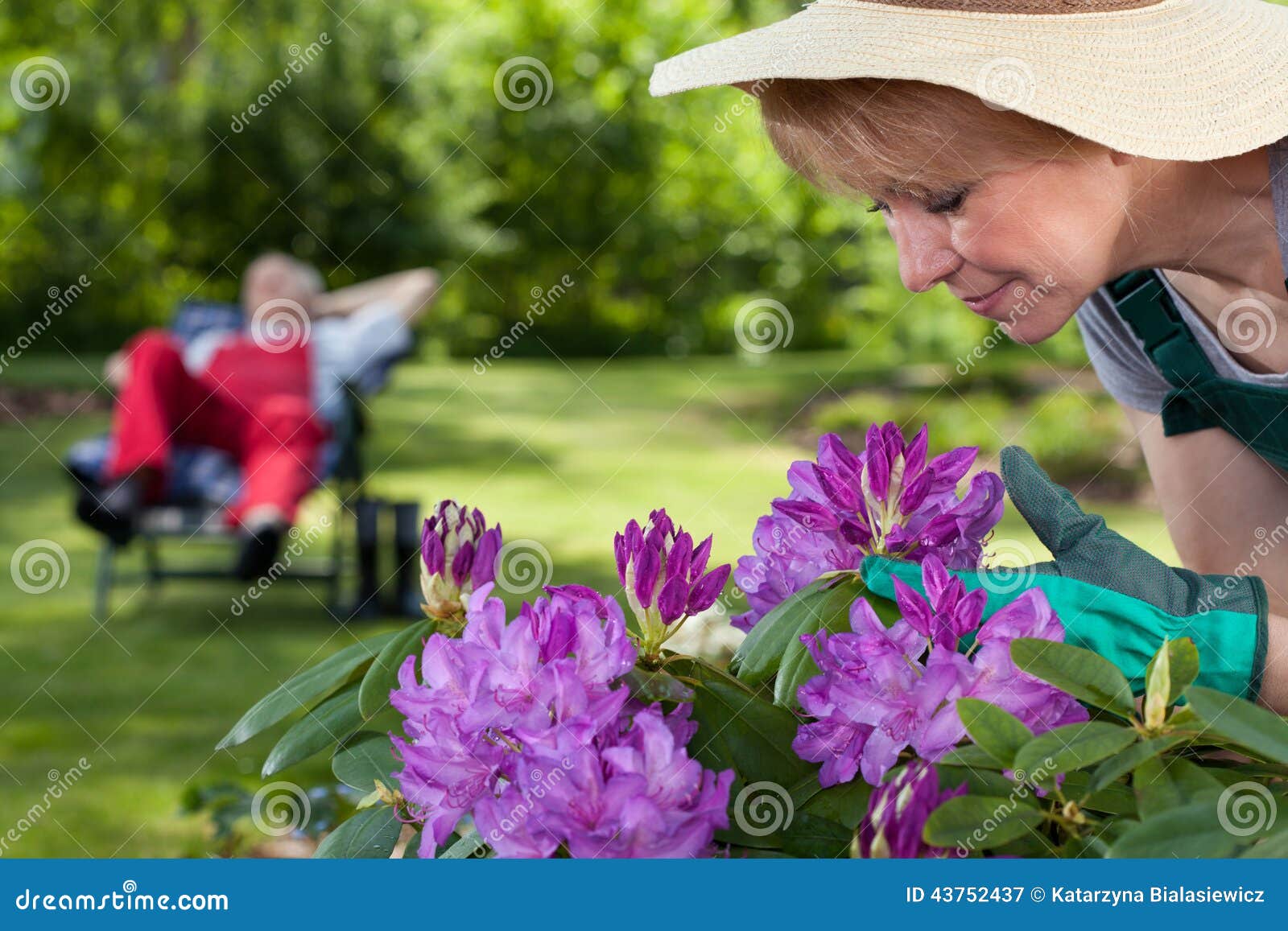 Female Gardener Caring about Flowers Stock Image - Image of dungaree ...
