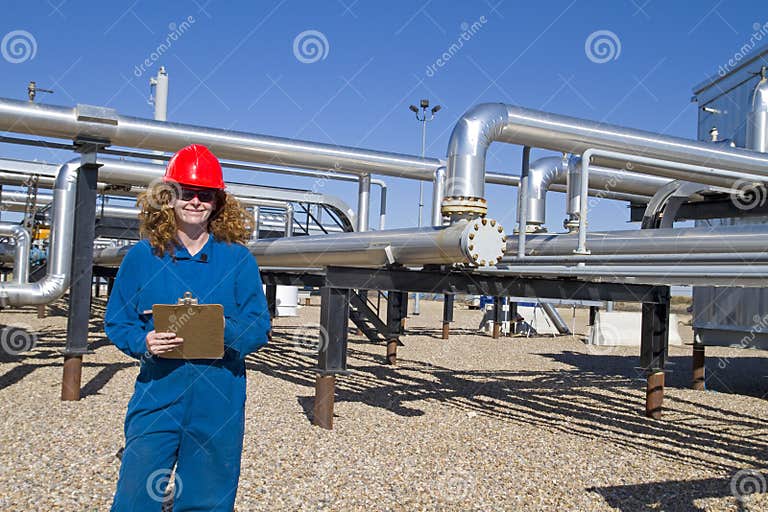 Female Gas Field Operator Inspects Compressor Site Stock Photo - Image ...
